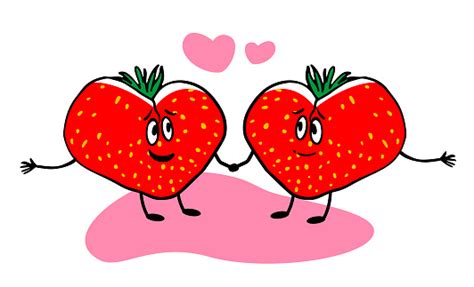손을 잡고 사랑과 우정을 표현하는 얼굴이 귀여운 만화 딸기 하트 모양과 핑크 액센트는 발렌타인 데이 또는 로맨틱한 테마에