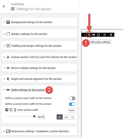 how to customize the inner and outer widths of sections with nimble