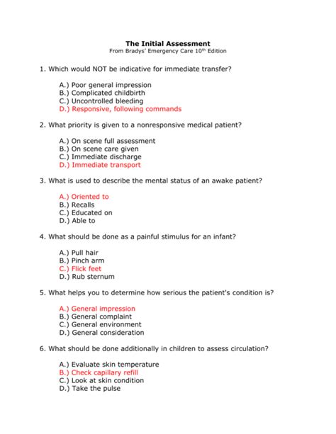 Emergency Care Initial Assessment Test Questions