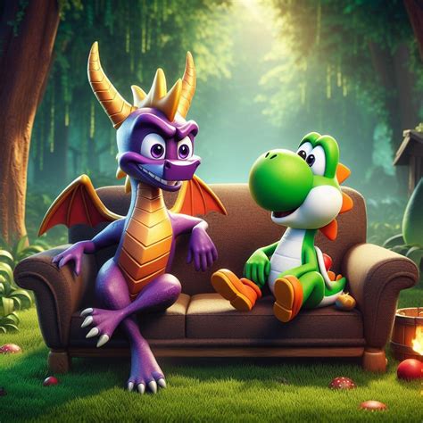 Spyro And Yoshi Sitting On A Couch In The Forest Rweirddalle