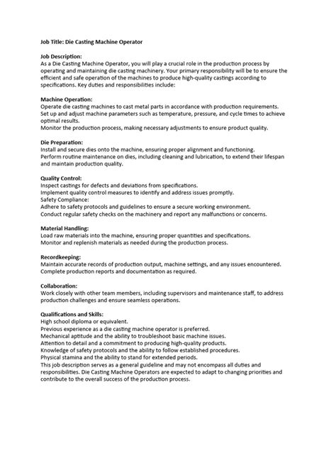 Die Casting Machine Operator Pdf