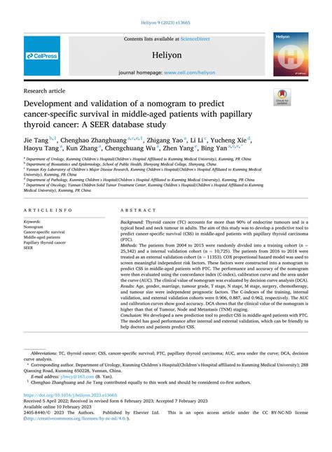 Pdf Development And Validation Of A Nomogram To Predict Cancer Specific Survival In Middle