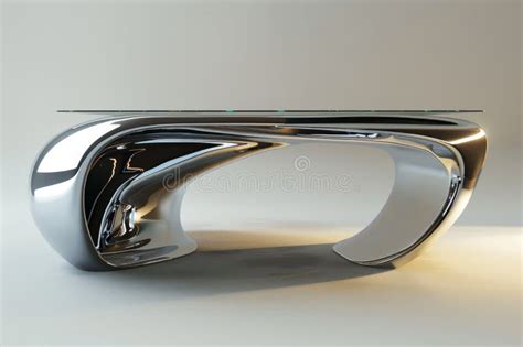 A Futuristic Interior Featuring Curved Metallic Furniture And A Large Reflective Mirror A