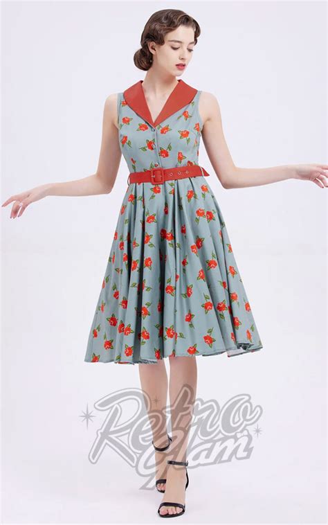 Miss Lulo Jani Dress In Sage With Roses Xl And 2xl Left Only Retro Glam