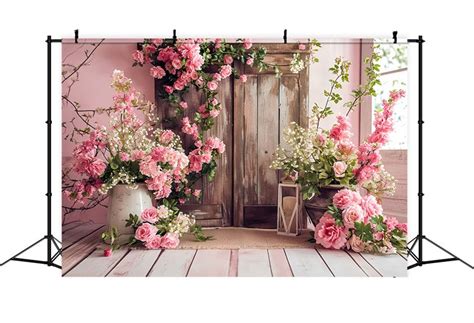 Spring Backdrop Vintage Pink Floral Wooden Door Backdrop Lxx2 46