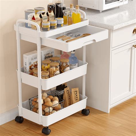 Cshidworld Rolling Utility Cart With Drawer 3 Tier Plastic Storage