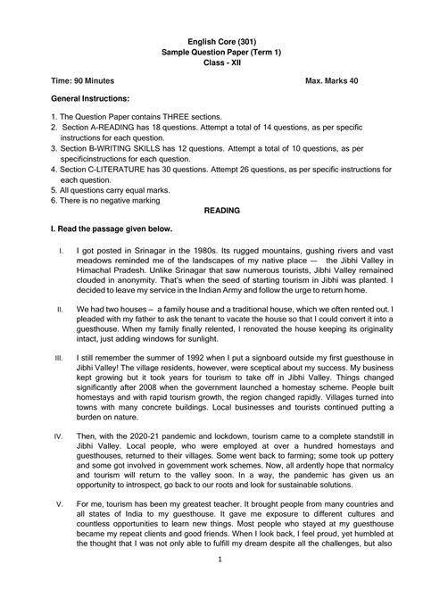 Cbse Class 12 English Core Sample Question Paper 2022 Education Idol