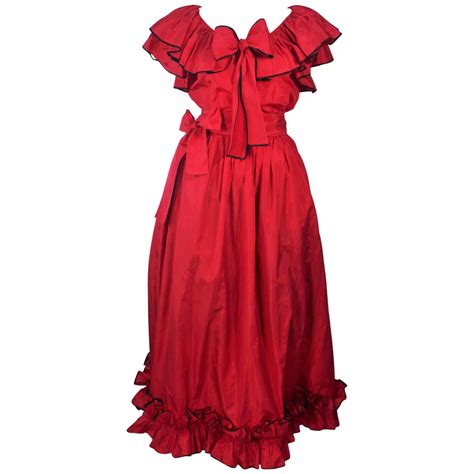 Yves Saint Laurent 1970s Red Satin Ruffled Ensemble With Black Trim