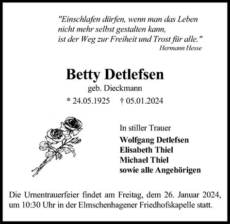 Traueranzeigen Von Betty Detlefsen Trauer Anzeigende