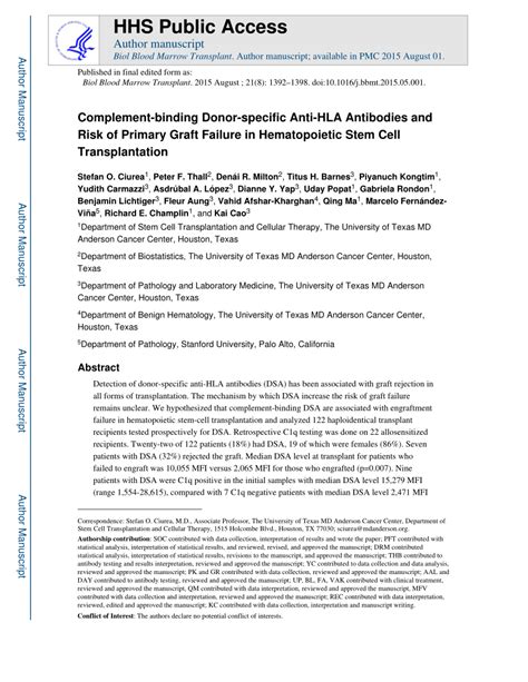 Pdf Complement Binding Donor Specific Anti Hla Antibodies And Risk Of