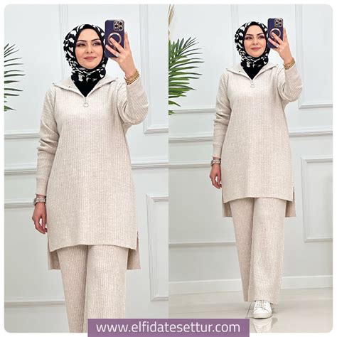 Triko Kumaş Snow Pantolonlu Takım Elfida Tesettür Elbise Modelleri Kadın Giyim Yeni Moda Tunik