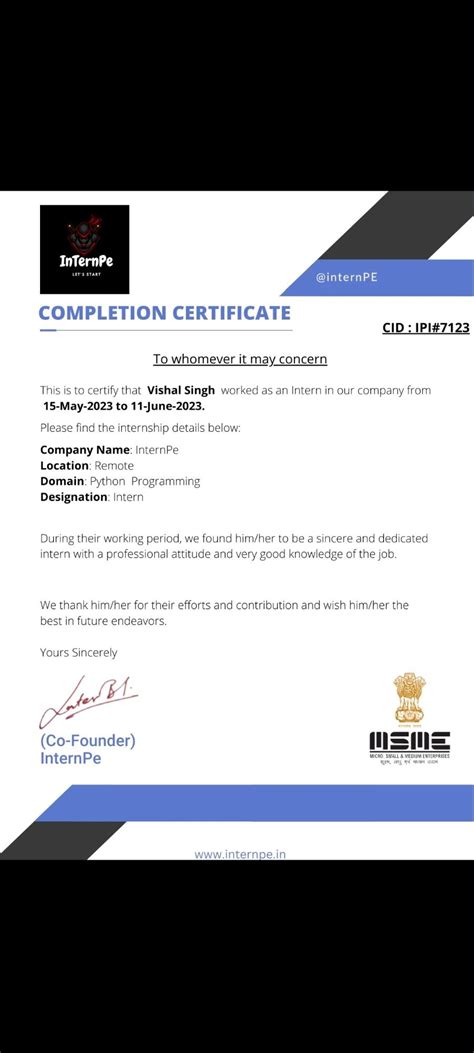 vishal singh on linkedin internship python