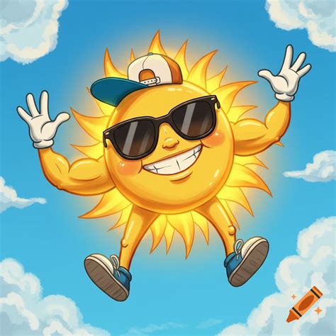 Cartoon Sun Character Wearing A Baseball Cap With Mj And A Hawaiian