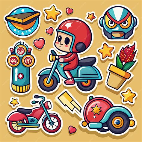 Cute Cartoon Motorcycle Stickers With Hearts And Stars Premium Ai