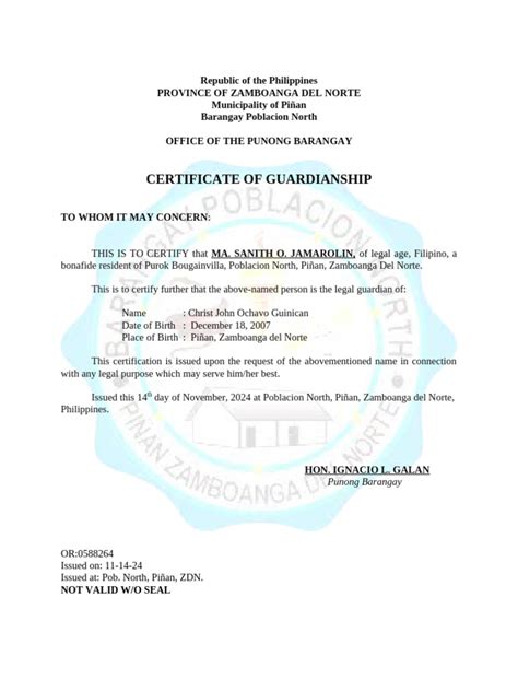 Barangay Certificate Of Guardianship Pdf