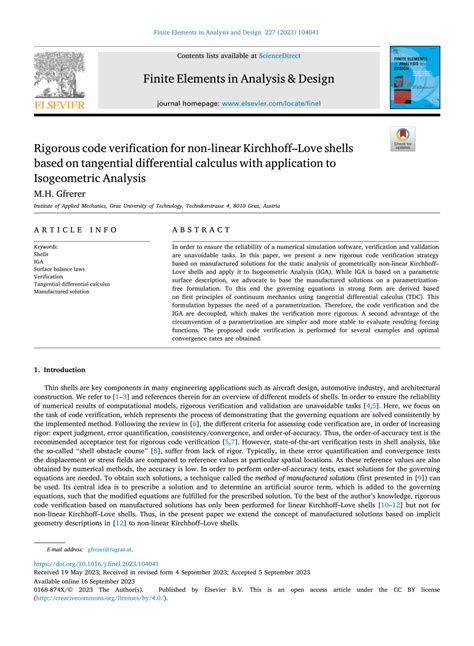 Pdf Rigorous Code Verification For Non Linear Kirchhoff Love Shells Based On Tangential