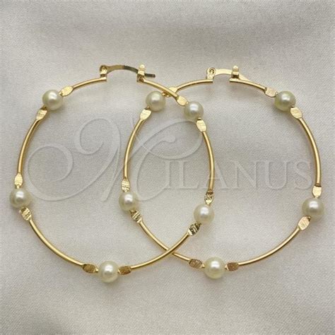 Oro Laminado Medium Hoop Gold Filled Style Ball Design With Ivory Pe
