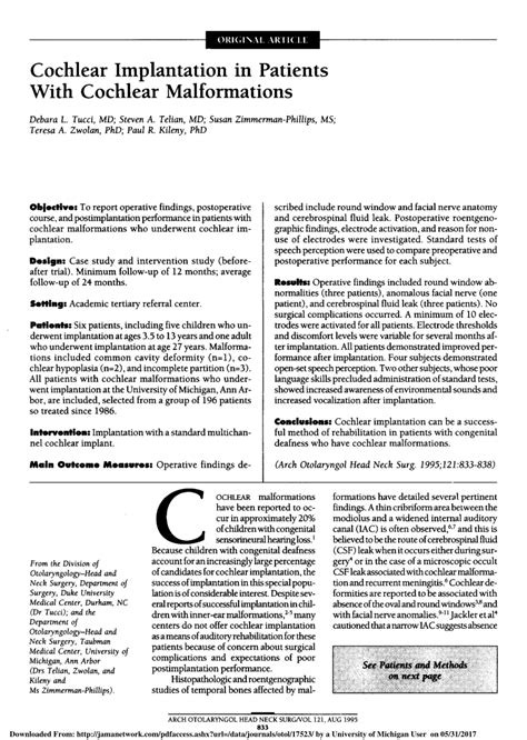 Pdf Cochlear Implantation In Patients With Cochlear Malformations