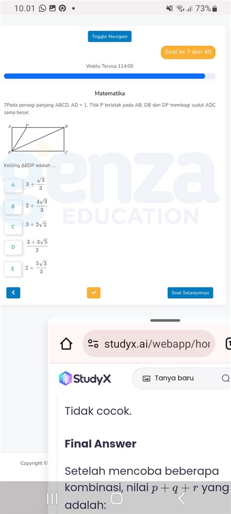 7Pada persegi panjang ABCD AD 1 Titik P | StudyX