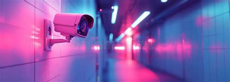 Sleek Cctv Camera Mounted On Wall In Vibrant Corridor Enhancing Security Stock Illustration