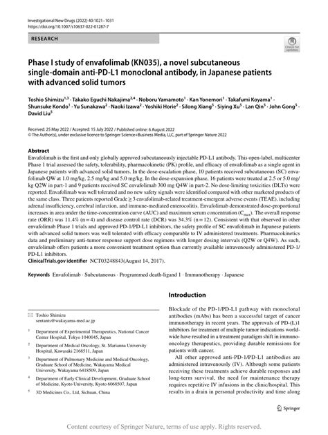 Phase I Study Of Envafolimab Kn035 A Novel Subcutaneous Single
