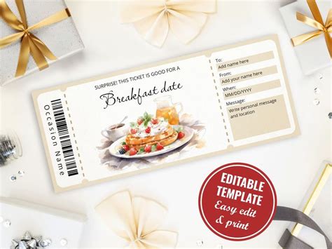 Editable Breakfast Date T Voucher Personalized Template Printable Breakfast Date T