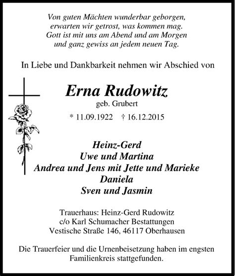 Traueranzeigen Von Erna Rudowitz Trauer In Nrwde