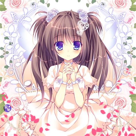 Safebooru 1girl Blue Eyes Blush Brown Hair Dress Flower Hair Flower