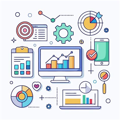 Colorful Data Analysis Icons With Charts Graphs And A Magnifying Glass
