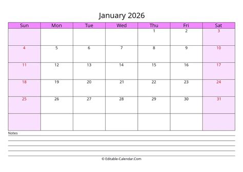 Editable 2026 Calendar Word