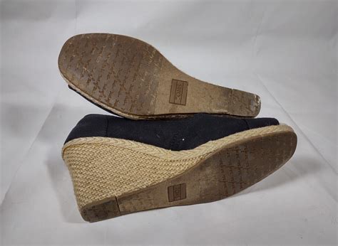 Toms Black Espadrille Wedge Heels Shoes Womens Size 8 Slip On Peep Toe