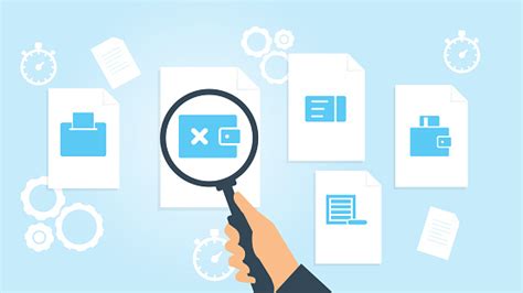 검색 아이콘으로 문서작성합니다 파일 및 돋보기 분석 연구 기호입니다 벡터 일러스트 카드 돈 지갑 파일 문서 연구 벡터 일러스트 개념에 대한 스톡 벡터 아트 및 기타 이미지