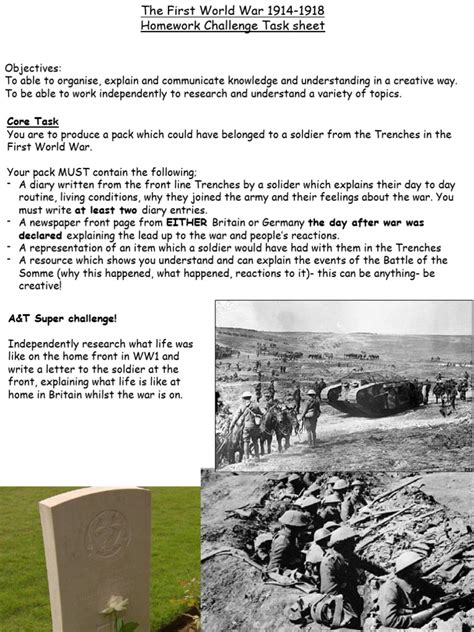 Year Eight Homework Challenge Ww1 1 2 Pdf World War I Trench Warfare
