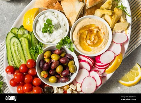 Homemade Mediterranean Mezze Platter With Olives Pita And Hummus Stock
