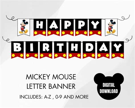 Mickey Mouse Birthday Banner Template Instant Pdf Download A Z 0 9
