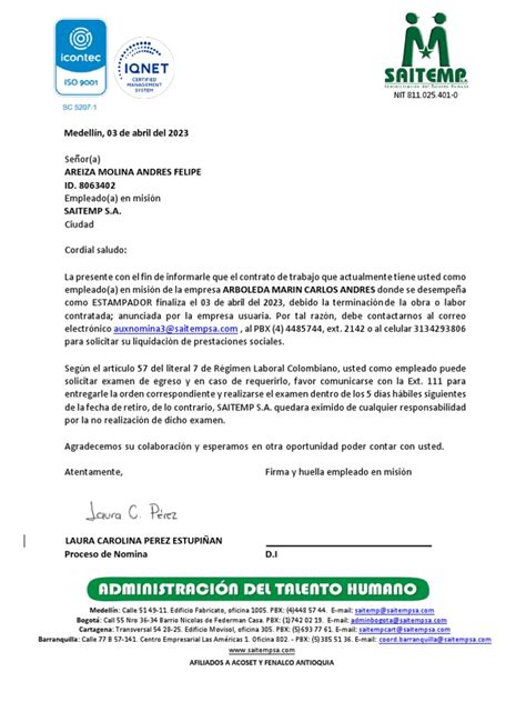 Carta De Terminacion De Contrato 8063402 Pdf
