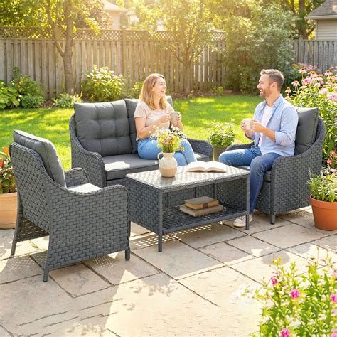 Outsunny 4 Seater Pe Rattan Patio Lounge Set Homebase