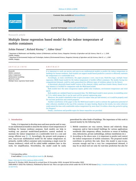 Pdf Multiple Linear Regression Based Model For The Indoor Temperature Of Mobile Containers