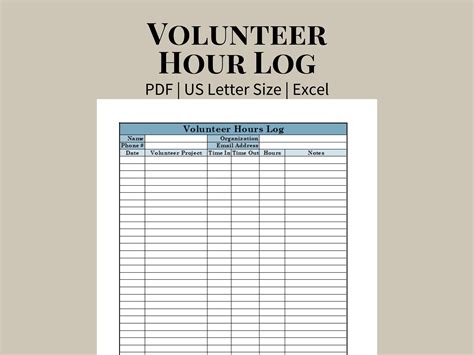 Volunteer Hours Log Community Service Tracker Digital Download