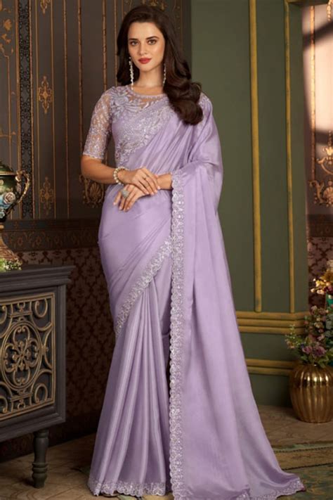 Lavender Purple Sequins Embroidered Wedding Wear Silk Saree Sarv171206
