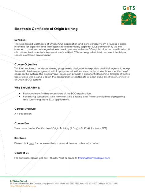 Fillable Online Electronic Certificate Of Origin Eco Global Etrade Services Fax Email Print