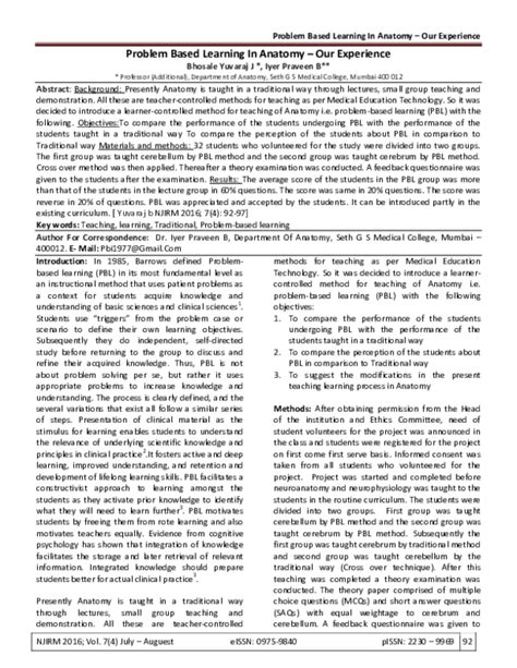 Pdf Problem Based Learning In Anatomy Our Experience