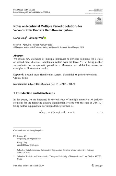 Pdf Notes On Nontrivial Multiple Periodic Solutions For Second Order Discrete Hamiltonian System