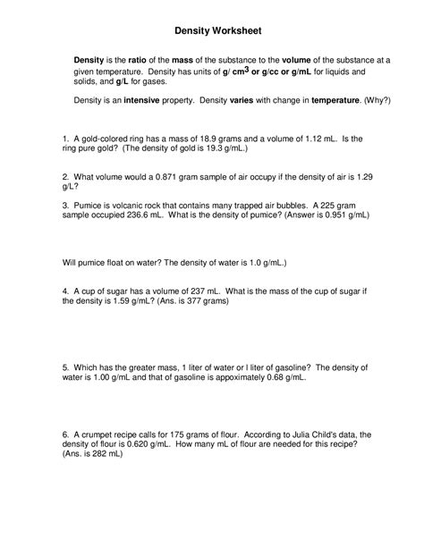 Density Worksheet Slides Chemistry Docsity