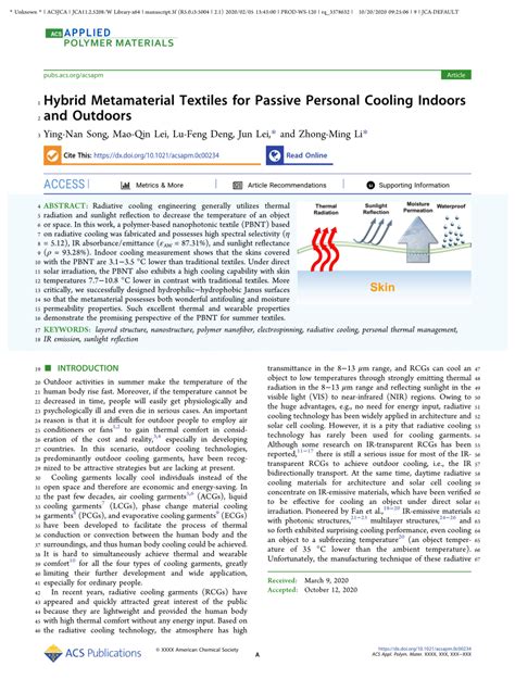 Pdf Hybrid Metamaterial Textiles For Passive Personal Cooling Indoors