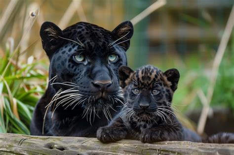 Premium Photo A Black Panther With A Cub