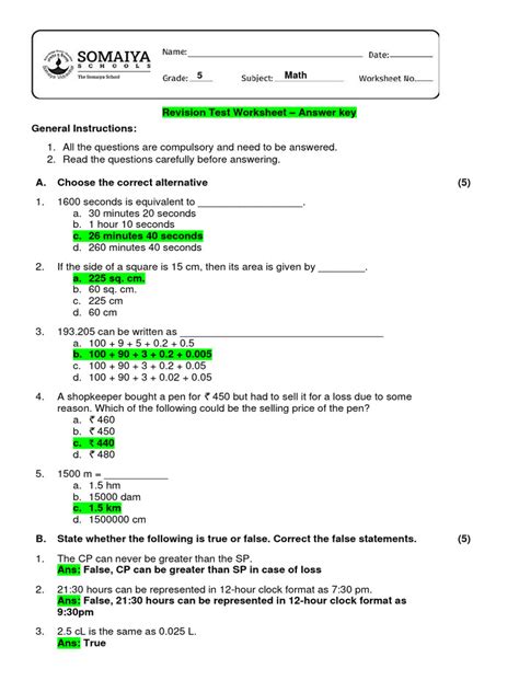 Revision Test Ws Answer Key Grade 5 Math Pdf Volume Area