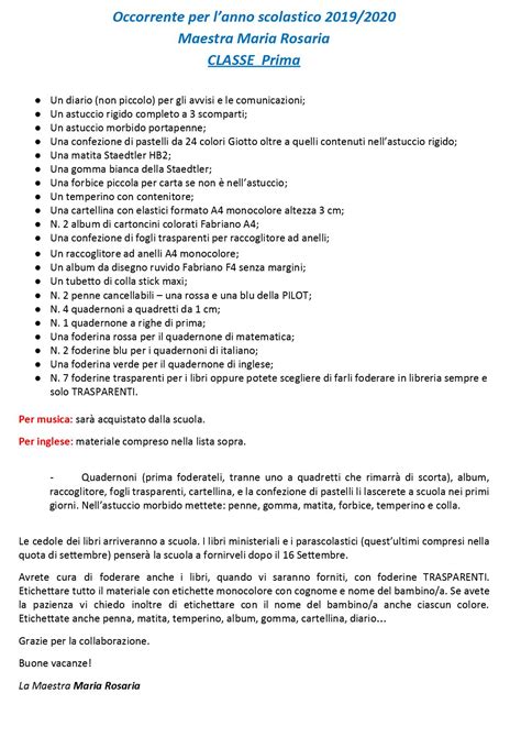 Materiale Classe Prima 2019 2020 Scuola Cerioli