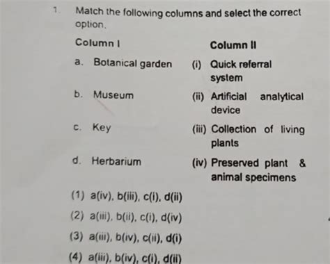 1 Match The Following Columns And Select The Correct Option Column Ia