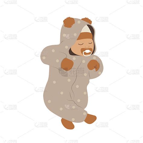 放荡不羁的宝宝睡觉。健康的睡眠概念。可爱的新生儿带着奶嘴在斯堪的纳维亚的臀部。矢量插图在平坦的卡通风